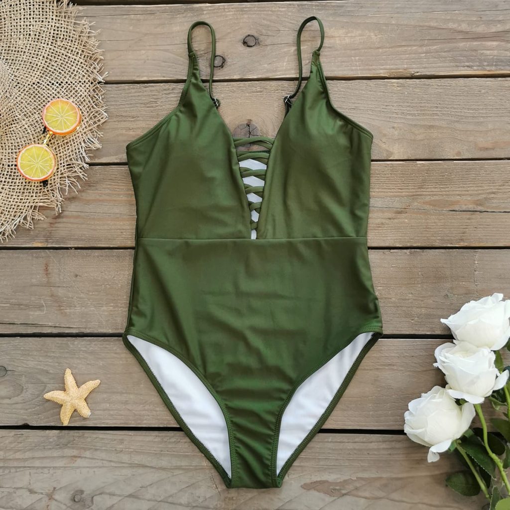 Monokini con cuello en V profundo color verde musgo – Sol and Beach